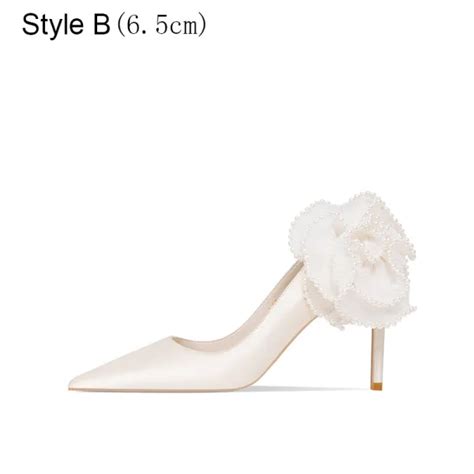 Élégant Ivoire Perle Fleur Satin Chaussure De Mariée cm Talons Aiguilles À Bout Pointu