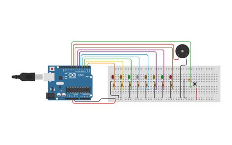 Circuit Design 8 Led 1 Button Menjadi 1 Lagu Tinkercad