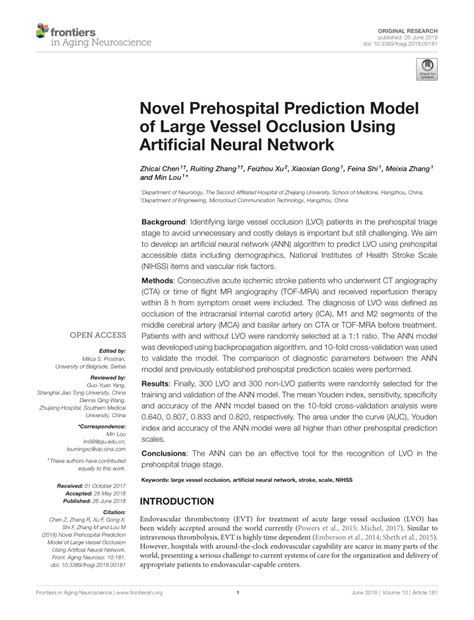 Pdf Novel Prehospital Prediction Model Of Large Vessel Occlusion Using Artificial Neural Network