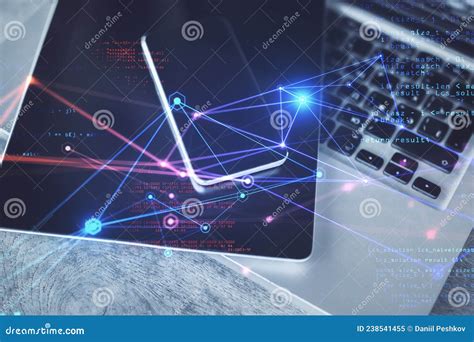Top View Of Devices With Abstract Coding Interface With Glowing Digital