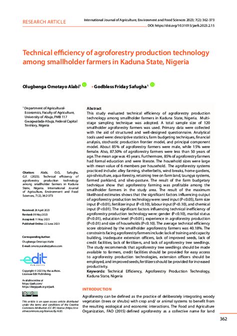 Pdf Technical Efficiency Of Agroforestry Production Technology Among Smallholder Farmers In