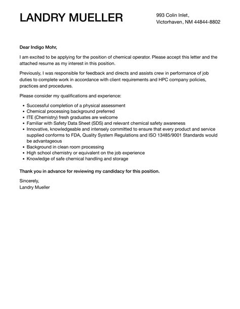 Chemical Operator Cover Letter Velvet Jobs