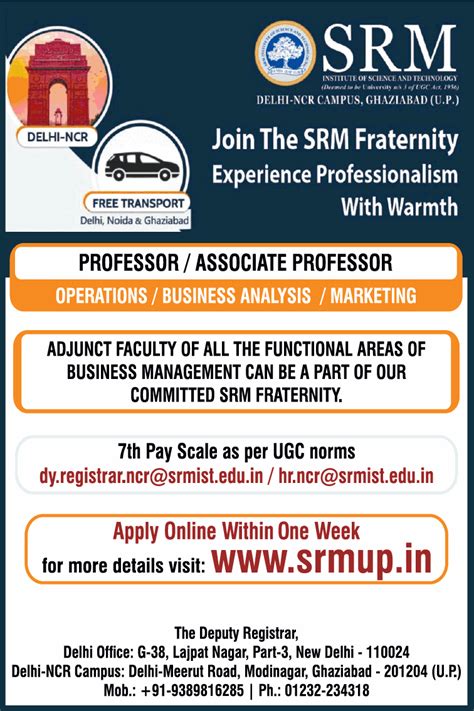 Srm Institute Of Science And Technology Delhi Ncr Campus Ghaziabad Wanted Professor Associate