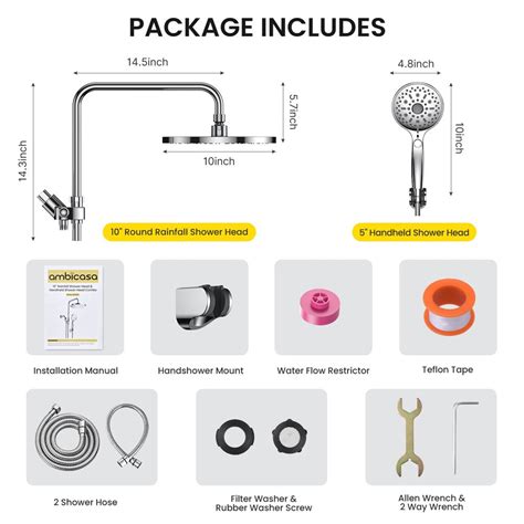 Ambicasa Luxury Dual Showerhead Combo 10 Rainfall Shower Head And 5 H