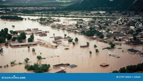 Aerial View Of Small City After A Storm Flooding Causes Devastation