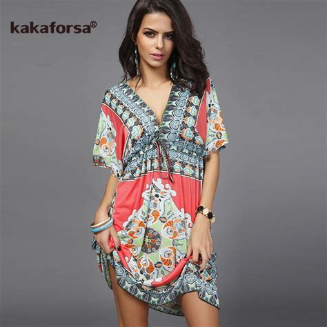 Kakaforsa Sexy Deep V Neck Beach Cover Up Loose Pareo Print Beach Tunic