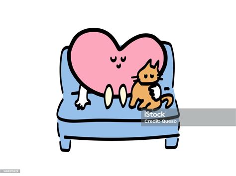 귀여운 하트 모양의 캐릭터가 애완용 고양이를 껴안고 휴식을 취하는 모습 개념에 대한 스톡 벡터 아트 및 기타 이미지 개념 귀여운 긍정적인 감정 표현 Istock