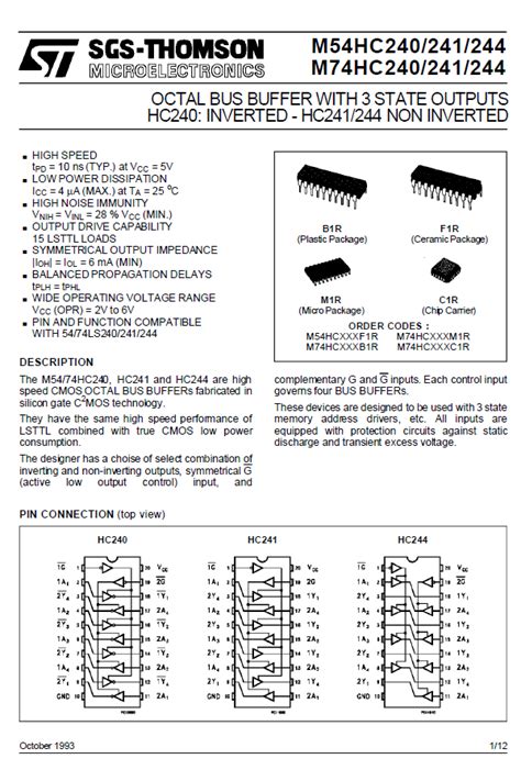 CIRCUIT INTEGRE M74HC241B1 DIL20 OCTAL BUS BUFFER WITH NO INV 3 STAT
