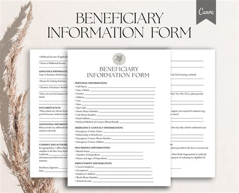 Beneficiary Information Form Template Pdf Canva Etsy