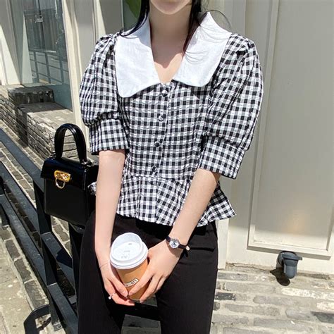 Bs5156 사랑스러운 소공녀무드 깅엄 체크 패턴의 걸리쉬 카라 아뜨랑스