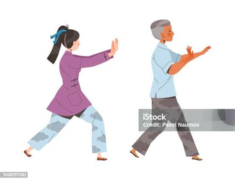 Man And Woman Character Practicing Tai Chi And Qigong Exercise Vector