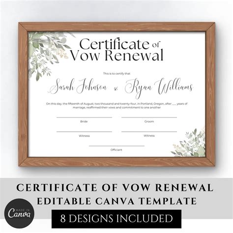 Vow Renewal Certificate Printable Editable Vow Renewal Template