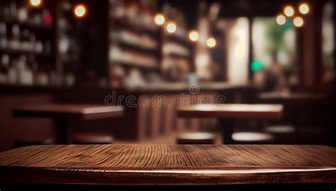 Image Of Wooden Table In Front Of Abstract Blurred Restaurant Lights