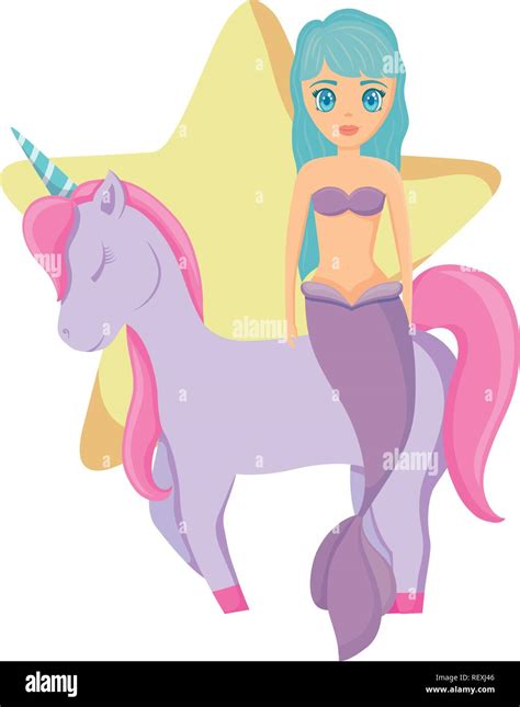 Mermaid With Cute Unicorn And Star Over White Background Colorful