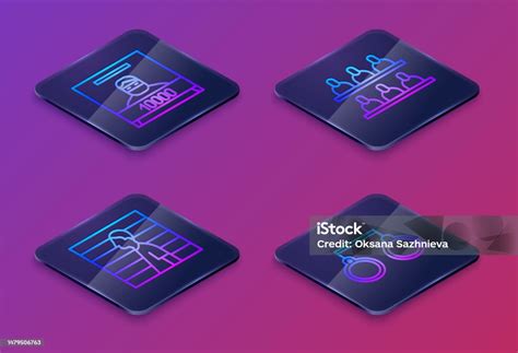 아이소메트릭 라인 수배 포스터 용의자 범죄자 배심원 및 수갑을 설정합니다 파란색 사각형 버튼 벡터 3차원 형태에 대한 스톡 벡터 아트 및 기타 이미지 Istock