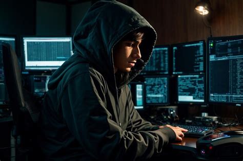 Premium Photo Hacker Programmer Who Sits In A Hoodie Behind A