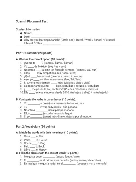 Examen De Colocación De Español Pdf