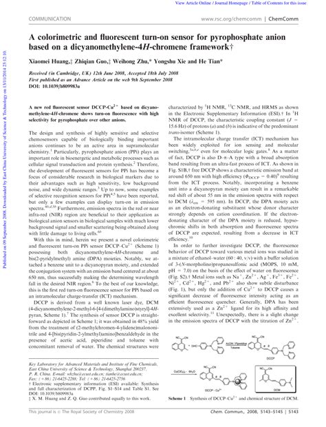 Pdf A Colorimetric And Fluorescent Turn On Sensor For Pyrophosphate Anion Based On A