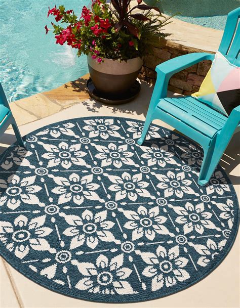 Navy Blue 3 X 3 Lattice Indoor Outdoor Round Rug