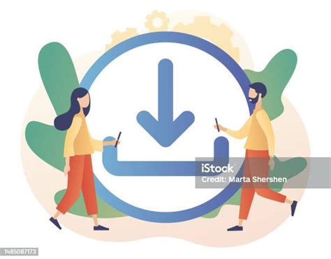 다운로드 개념입니다 설치 기호 로드 기호 작은 사람들이 데이터 파일을 다운로드합니다 현대 평면 만화 스타일입니다 흰색 배경에 벡터 그림 개념에 대한 스톡 벡터 아트 및 기타