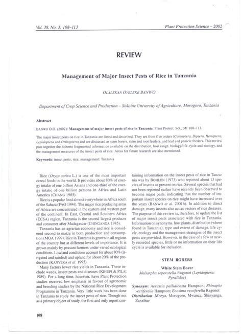Pdf Management Of Major Insect Pests Of Rice In Tanzania Review