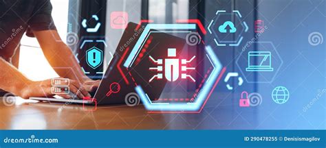 Developer With Laptop Cybersecurity Bug Interface Stock Image Image