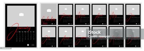 벽 월간 사진 달력 2023 간단한 월간 수직 사진 달력 영어로 2023 년 레이아웃 커버 캘린더 12개월 템플릿 주간은 일요일부터 시작됩니다 벡터 일러스트 레이 션 1월에
