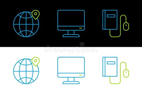 Set Line Electronic Book With Mouse Location The Globe And Computer Monitor Screen Icon Vector
