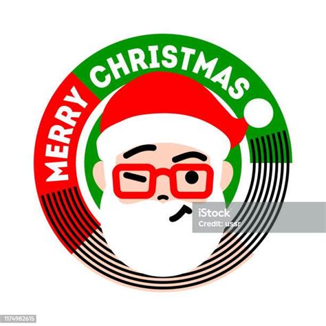 시즌 인사와 둥근 프레임에 젊은 윙크와 미소 산타 클로스 흰색 배경에 고립 된 귀여운 크리스마스 배지 계절에 대한 플랫 스타일 벡터 일러스트레이션 산타 클로스에 대한 스톡
