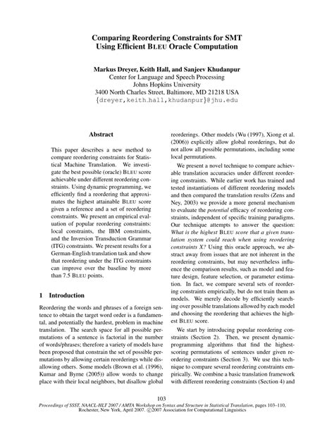 Pdf Comparing Reordering Constraints For Smt Using Efficient Bleu Oracle Computation
