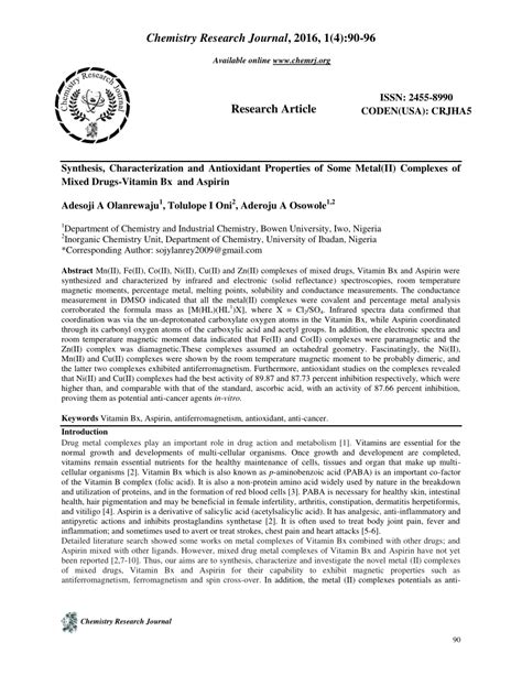 Pdf Synthesis Characterization And Antioxidant Properties Of Some Metalii Complexes Of