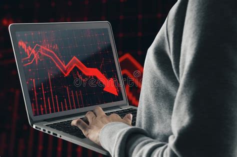 Close Up Of Hacker Hands Using Laptop With Red Candlestick Arrow Going