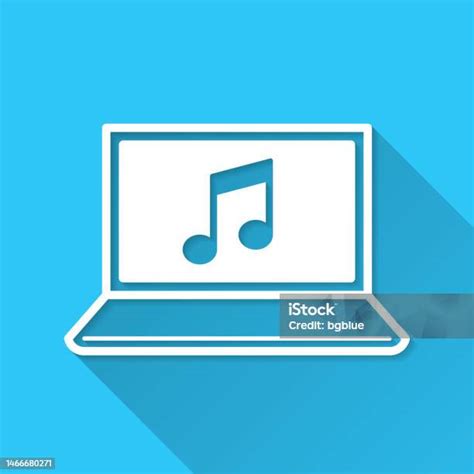 노트북에 음악 파란색 배경에 아이콘 긴 그림자가 있는 평면 디자인 3차원 형태에 대한 스톡 벡터 아트 및 기타 이미지 3차원 형태 Mp3 플레이어 개념 Istock