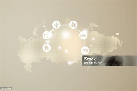 에너지 절약 개념 발전 아이콘 그래픽 인터페이스의 미래 산업을 가진 에너지 혁신 베이지 색 배경에 러시아의 대화식지도 아이콘에