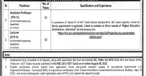 Uet Taxila Environmental Engineering Faculty Jobs July 2022