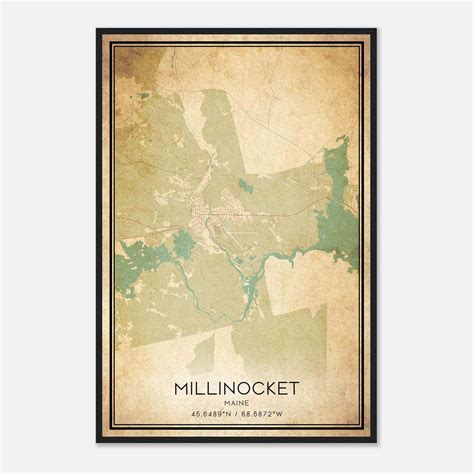 Vintage Millinocket Maine Map Poster Millinocket Me City Road Wall Art