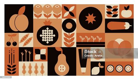 기하학적 모자이크 음식 패턴입니다 천연 과일 채소 식물 간단한 최소한의 레스토랑 메뉴 디자인 벡터 배경 0명에 대한 스톡 벡터