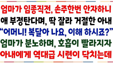 반전신청사연어머니가 임종직전 손주한번 안고 싶다하니 애 부정탄다며 거절한 아내어머니 복 달아나요 이해 하시죠어머니가 호흡이 빨라지자 신청사연 사이다썰 사연