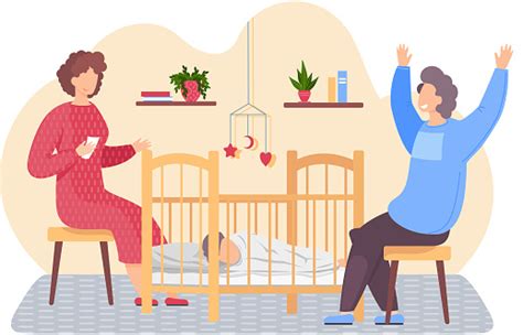 남편과 아내는 요람에 아이를 잠자리에 들게했습니다 사람들은 집에서 의사 소통하고 함께 시간을 보냅니다 아기에 대한 스톡 벡터