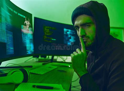 Computer Hacker Neon And Portrait Of A Man With Secret For Hacking
