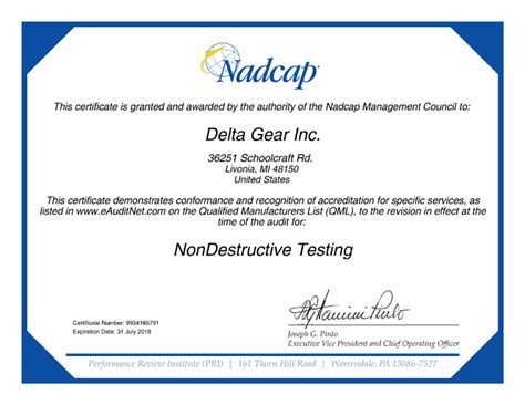 Certification Delta Gear Nadcap Ndt