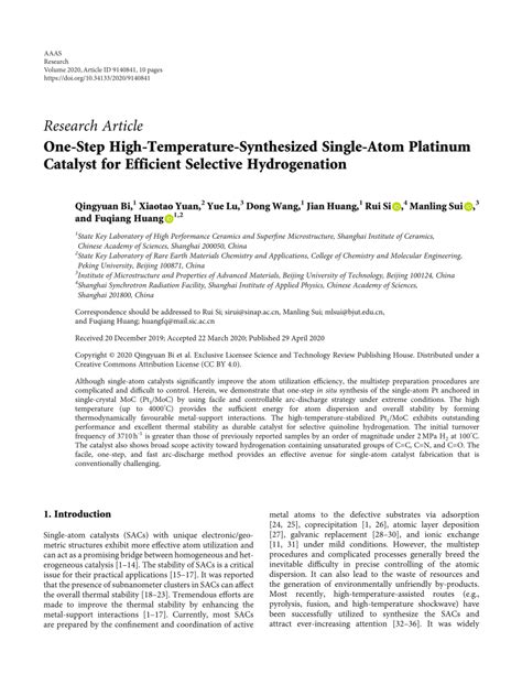 Pdf One Step High Temperature Synthesized Single Atom Platinum