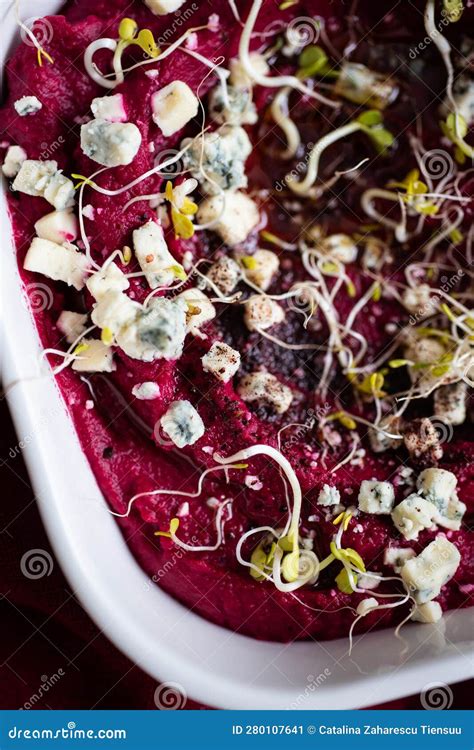 Beetroot Hummus With Bleu Cheese And Alpha Alpha Sprouts Close Up Stock Image Image Of Food
