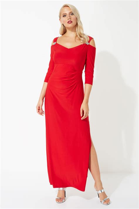 Cold Shoulder Diamante Maxi Dress In Red Roman Originals Uk