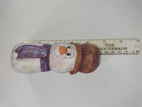 Hand Carved Snowman 4 12 Inch Snowman Wearing A Brown Hat And Purple