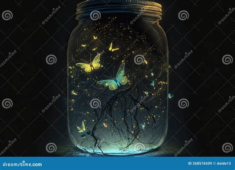 Mason Jar With Fireflies And Butterflies Magical Bottle Glowing Insects Fantasy Light In A