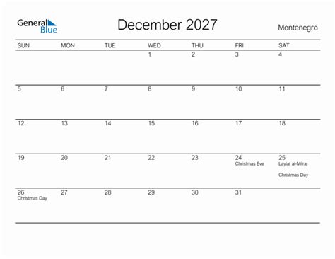 Printable December 2027 Monthly Calendar With Holidays For Montenegro