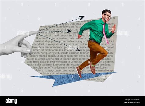 Poster Photo Collage Of Happy Smiling Guy Running Hurrying Office Work