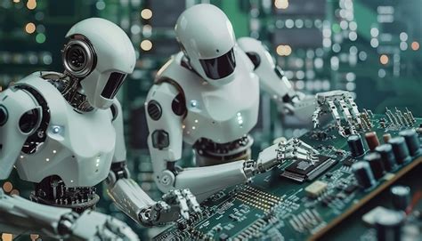 Premium Photo Two Robots Are Standing On A Circuit Board