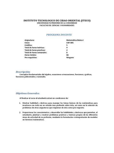 Programa De Matematica Basica I Pdf Factorización Ecuaciones